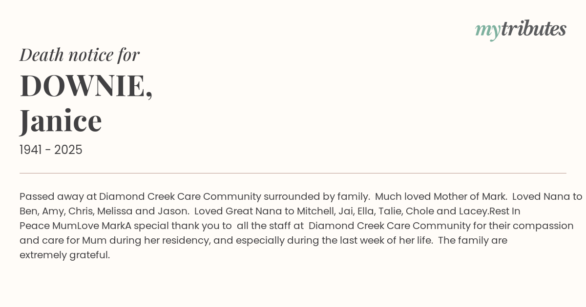 DOWNIE, Janice | Death Notices | Melbourne | My Tributes