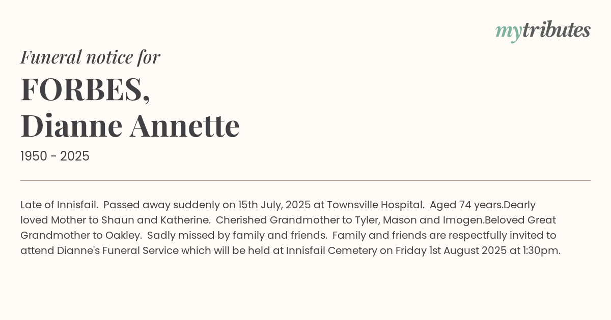FORBES, Dianne Annette | Funeral Notices | Cairns | My Tributes