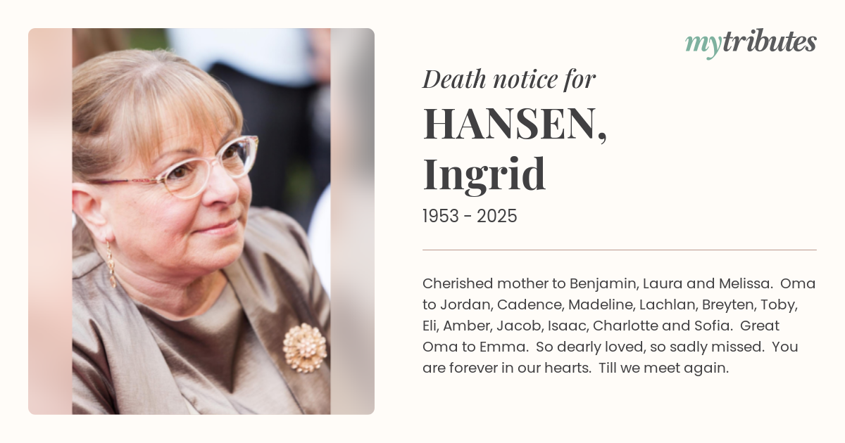 HANSEN, Ingrid | Death Notices | Brisbane | My Tributes