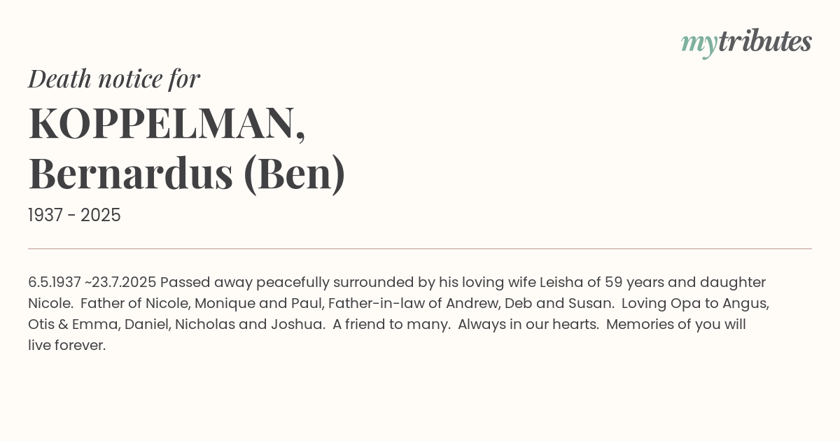 KOPPELMAN, Bernardus (Ben) | Death Notices | Melbourne | My Tributes