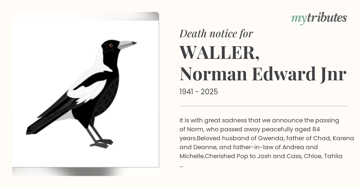 WALLER, Norman Edward Jnr | Death Notices | Melbourne | My Tributes