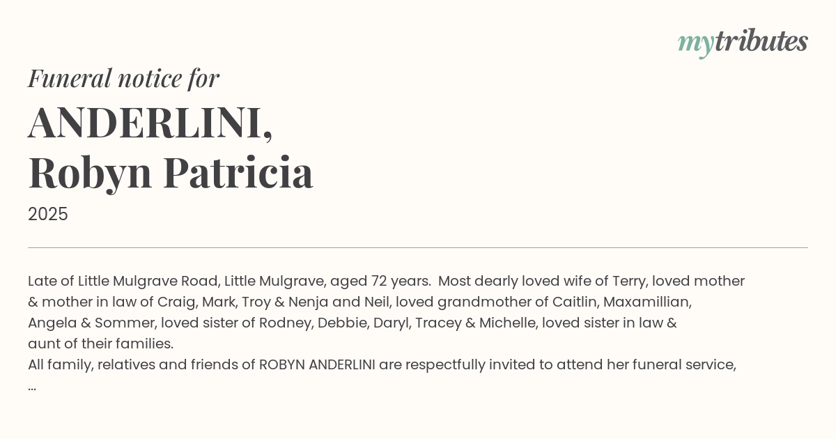 ANDERLINI, Robyn Patricia | Funeral Notices | Cairns | My Tributes