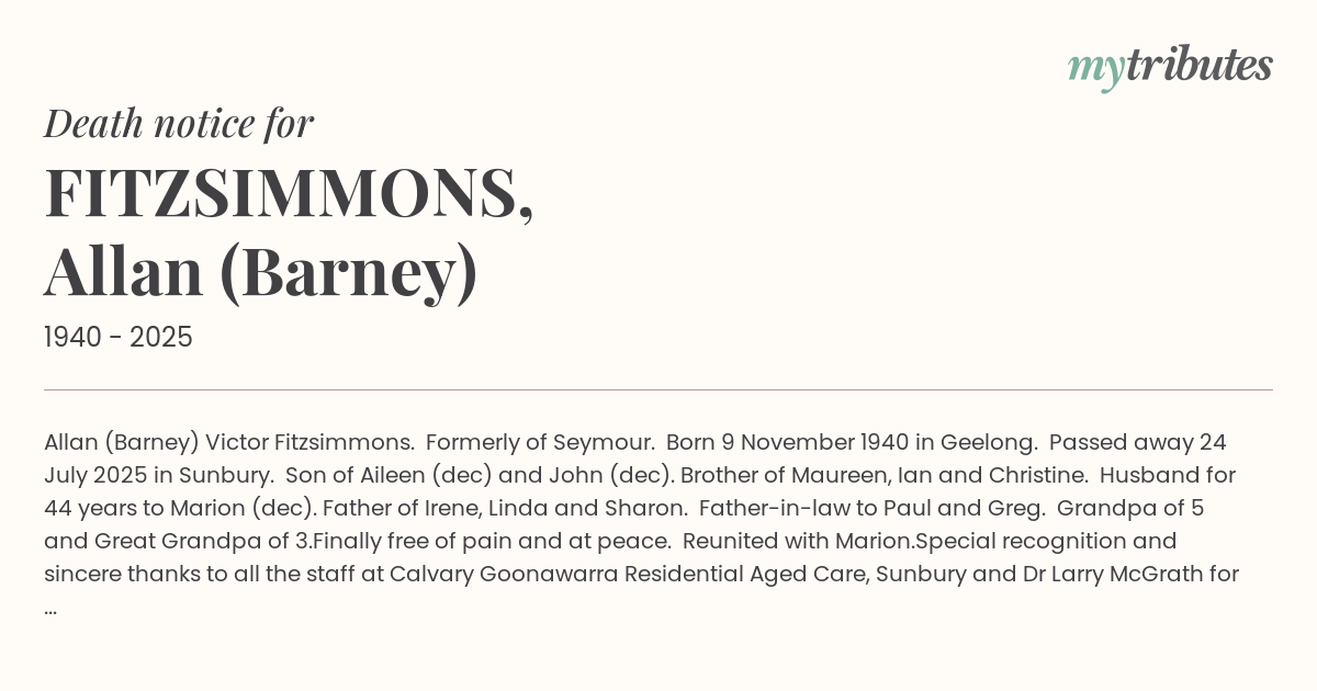 FITZSIMMONS, Allan (Barney) | Death Notices | Melbourne | My Tributes