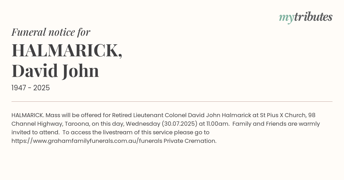 HALMARICK, David John | Funeral Notices | Tasmania | My Tributes