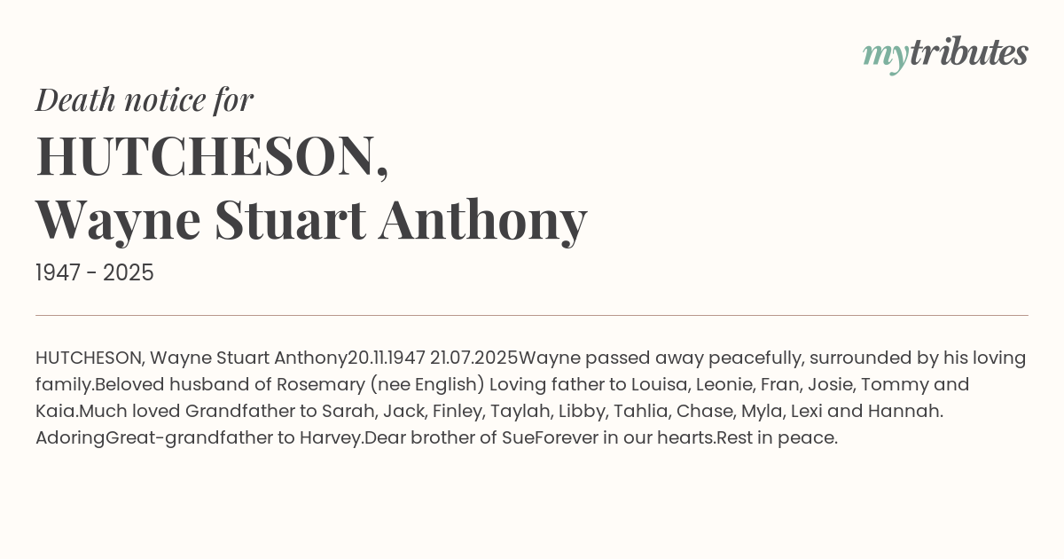 HUTCHESON, Wayne Stuart Anthony | Death Notices | Melbourne | Gold ...