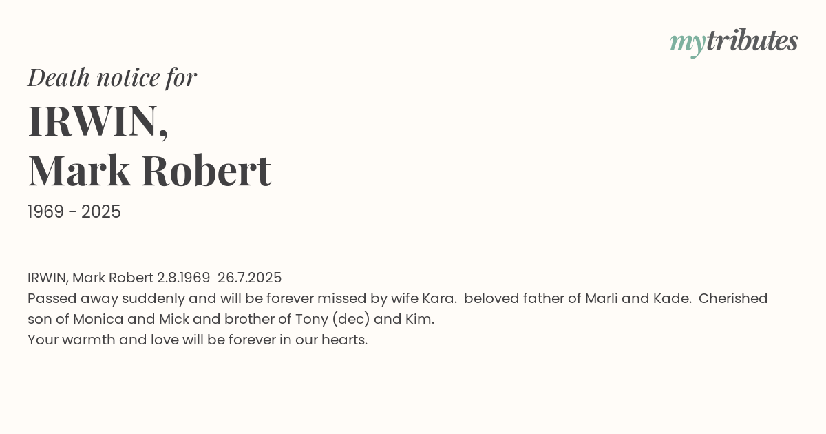 IRWIN, Mark Robert | Death Notices | Tasmania | My Tributes