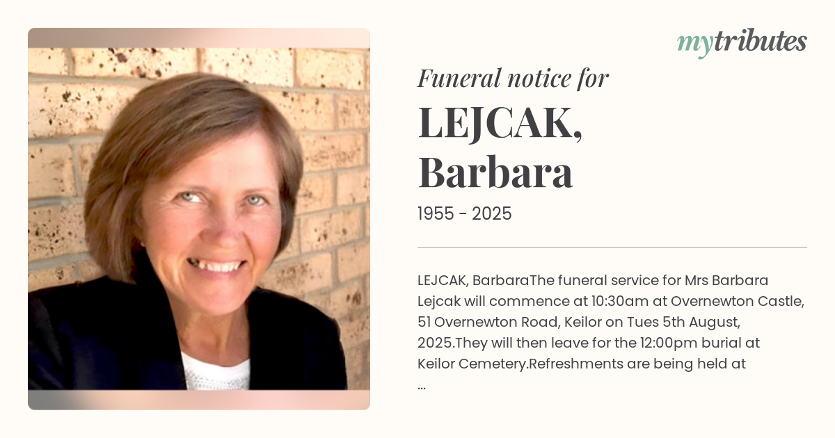 LEJCAK, Barbara | Funeral Notices | Melbourne | My Tributes