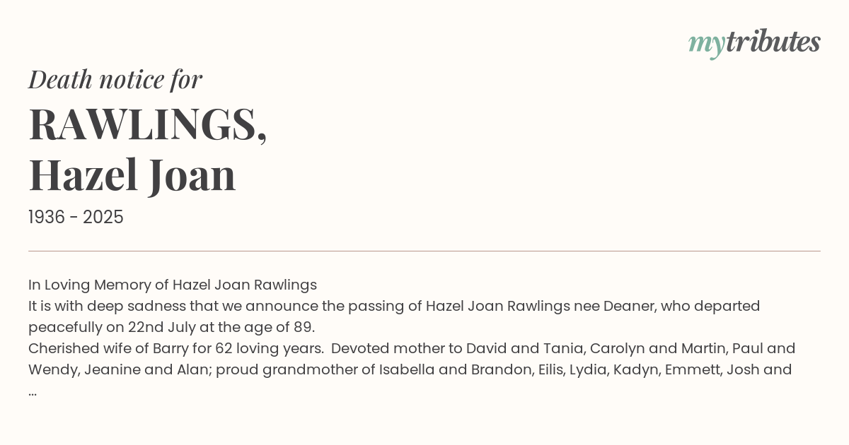 RAWLINGS, Hazel Joan | Death Notices | Melbourne | My Tributes