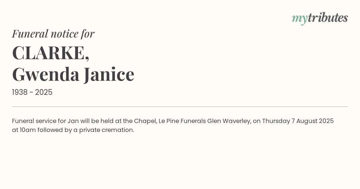 CLARKE, Gwenda Janice | Funeral Notices | Melbourne | My Tributes
