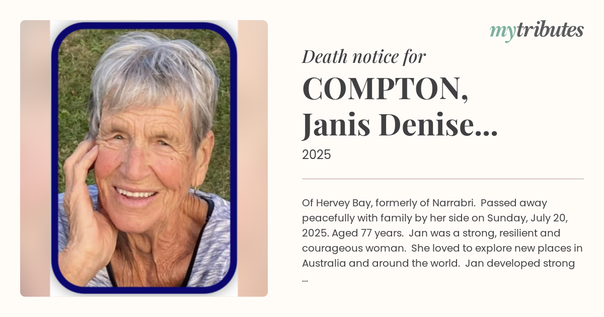 COMPTON, Janis Denise 'Jan/Mardi' | Death Notices | Brisbane | My Tributes