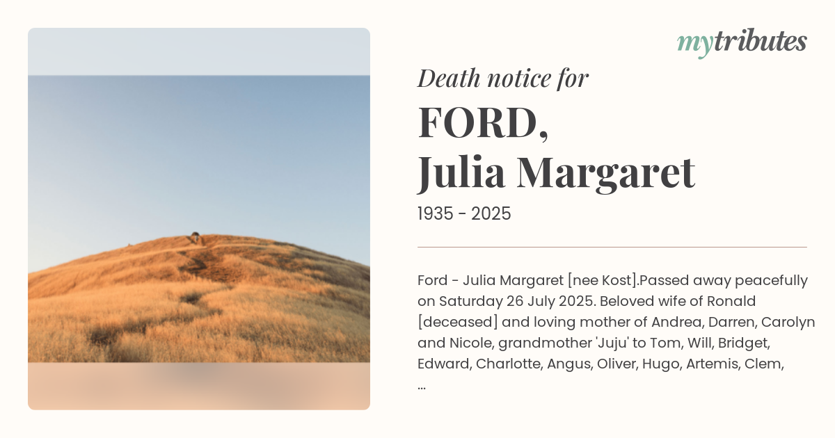 FORD, Julia Margaret | Death Notices | Melbourne | My Tributes