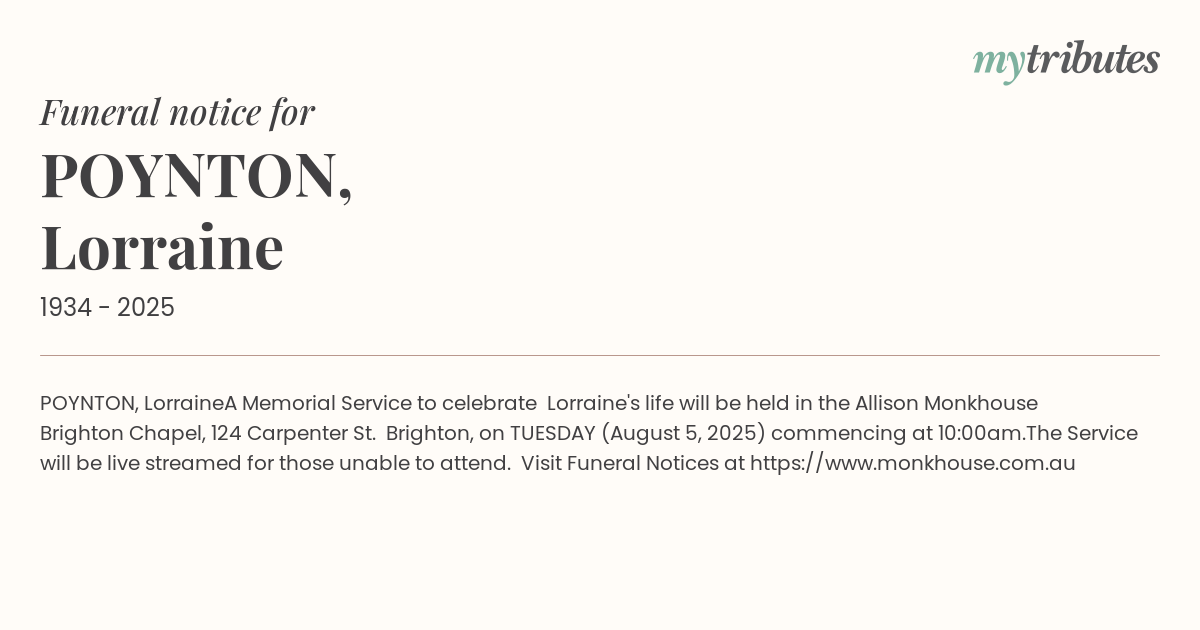 POYNTON, Lorraine | Funeral Notices | Melbourne | My Tributes