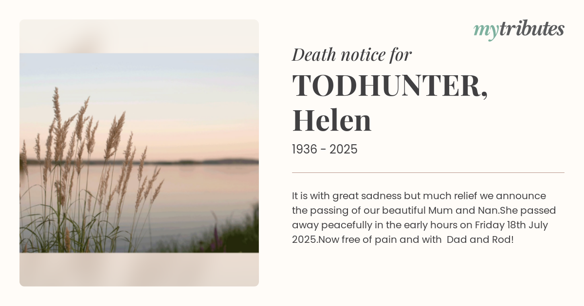 TODHUNTER, Helen | Death Notices | Sydney | My Tributes