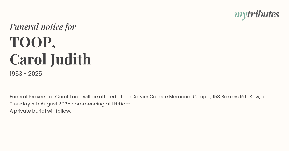 TOOP, Carol Judith | Funeral Notices | Melbourne | My Tributes