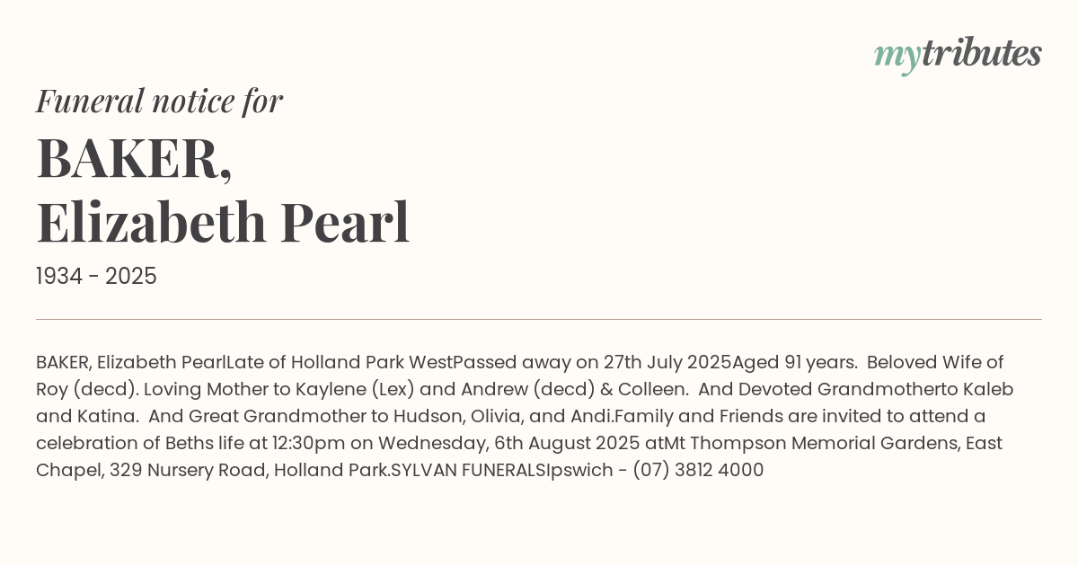BAKER, Elizabeth Pearl | Funeral Notices | Brisbane | My Tributes