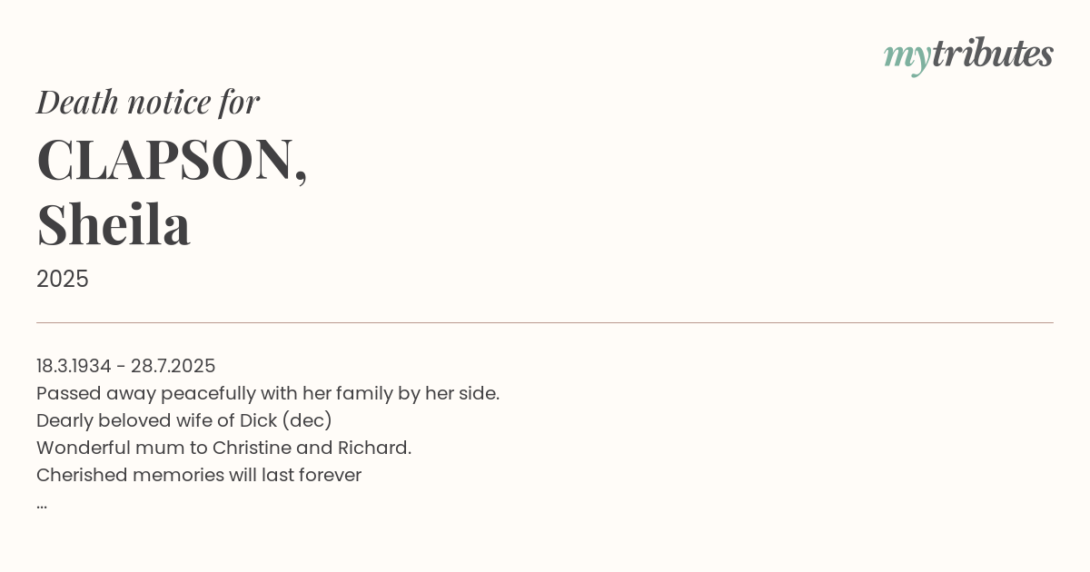 CLAPSON, Sheila | Death Notices | Melbourne | Herald Sun