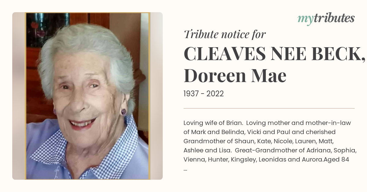 CLEAVES NEE BECK, Doreen Mae | Tributes | Sydney | My Tributes
