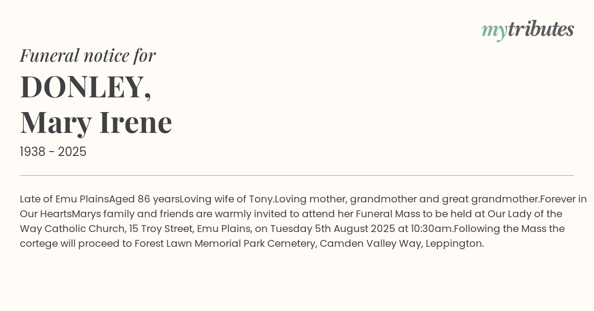 DONLEY, Mary Irene | Funeral Notices | Sydney | My Tributes