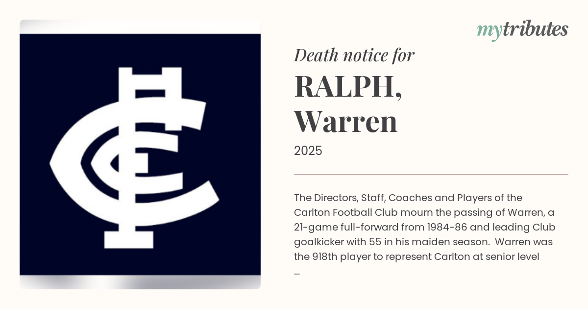 RALPH, Warren | Death Notices | Melbourne | Herald Sun