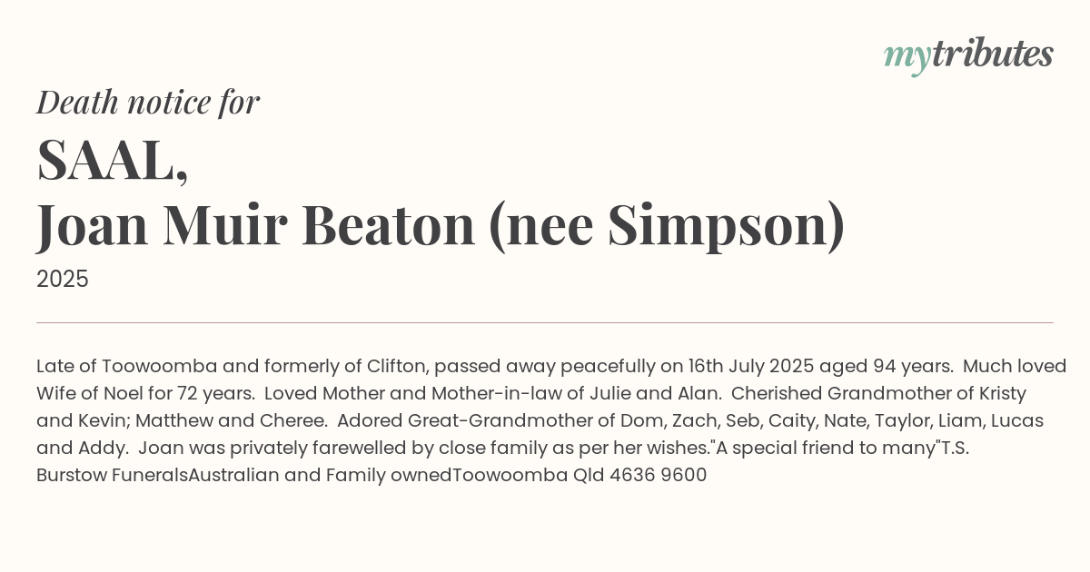 SAAL, Joan Muir Beaton (nee Simpson) | Death Notices | Toowoomba ...