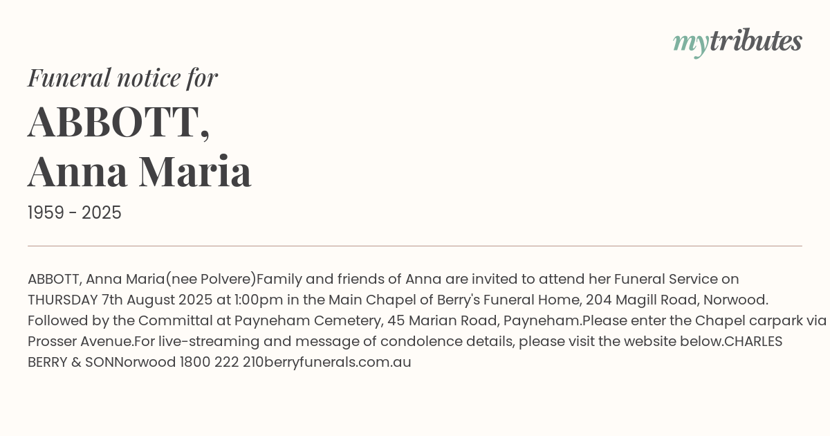 ABBOTT, Anna Maria | Funeral Notices | Adelaide | Herald Sun