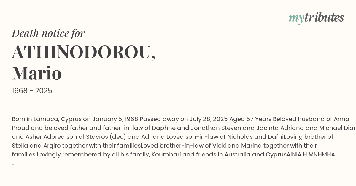 ATHINODOROU, Mario | Death Notices | Adelaide | My Tributes