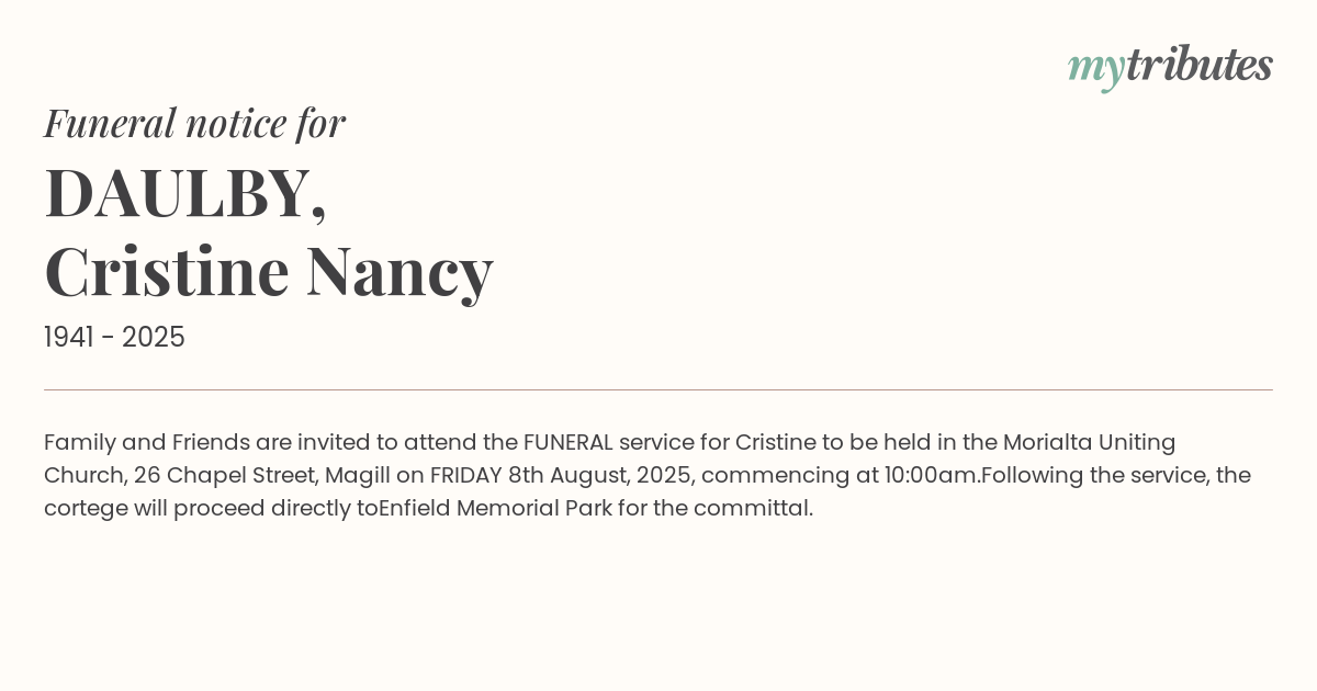 DAULBY, Cristine Nancy | Funeral Notices | Adelaide | My Tributes