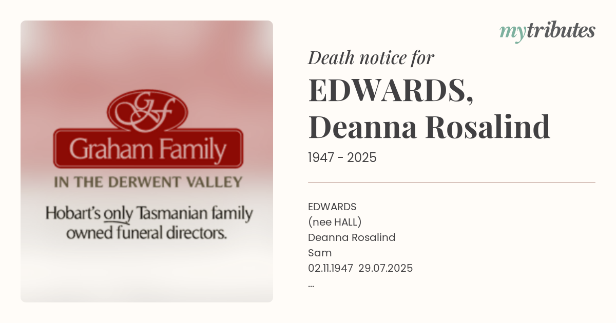 EDWARDS, Deanna Rosalind | Death Notices | Tasmania | My Tributes