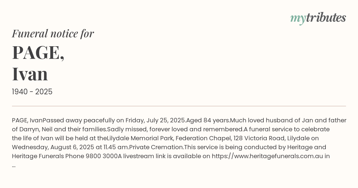 PAGE, Ivan | Funeral Notices | Melbourne | Herald Sun