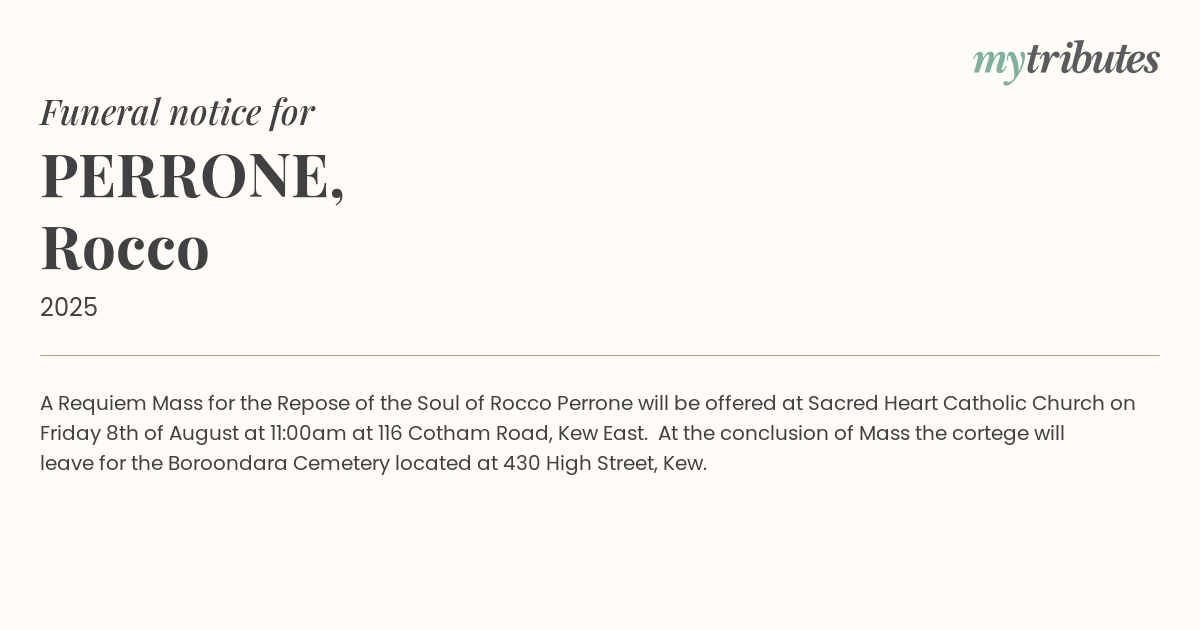 PERRONE, Rocco | Funeral Notices | Melbourne | My Tributes