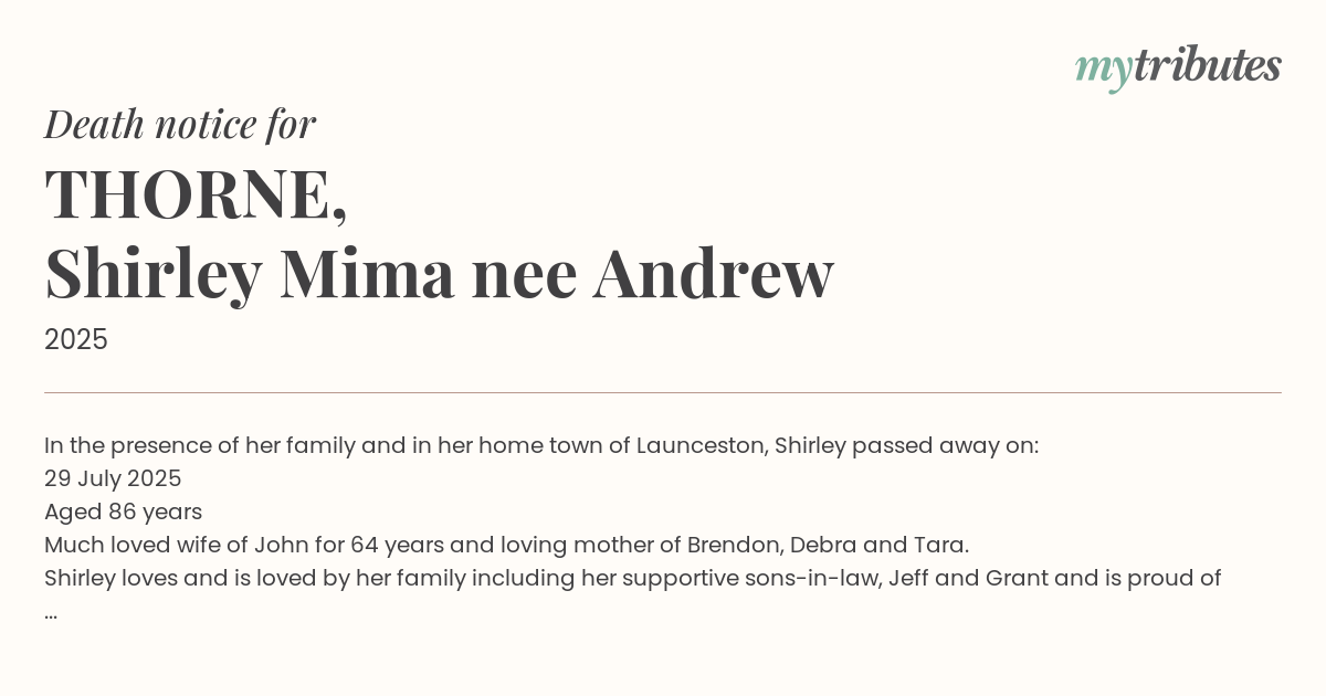 THORNE, Shirley Mima nee Andrew | Death Notices | Tasmania | My Tributes