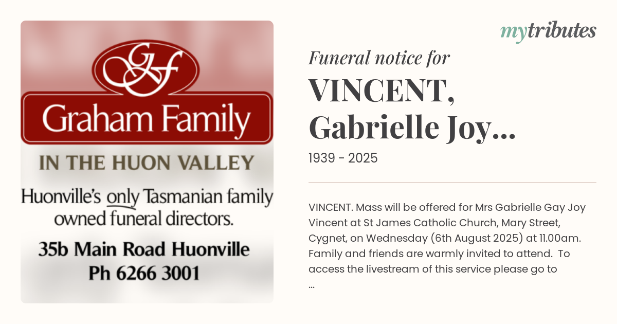 VINCENT, Gabrielle Joy 'Gay' | Funeral Notices | Tasmania | My Tributes