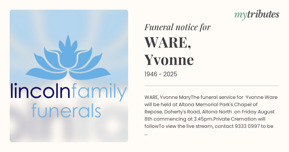 WARE, Yvonne | Funeral Notices | Melbourne | My Tributes