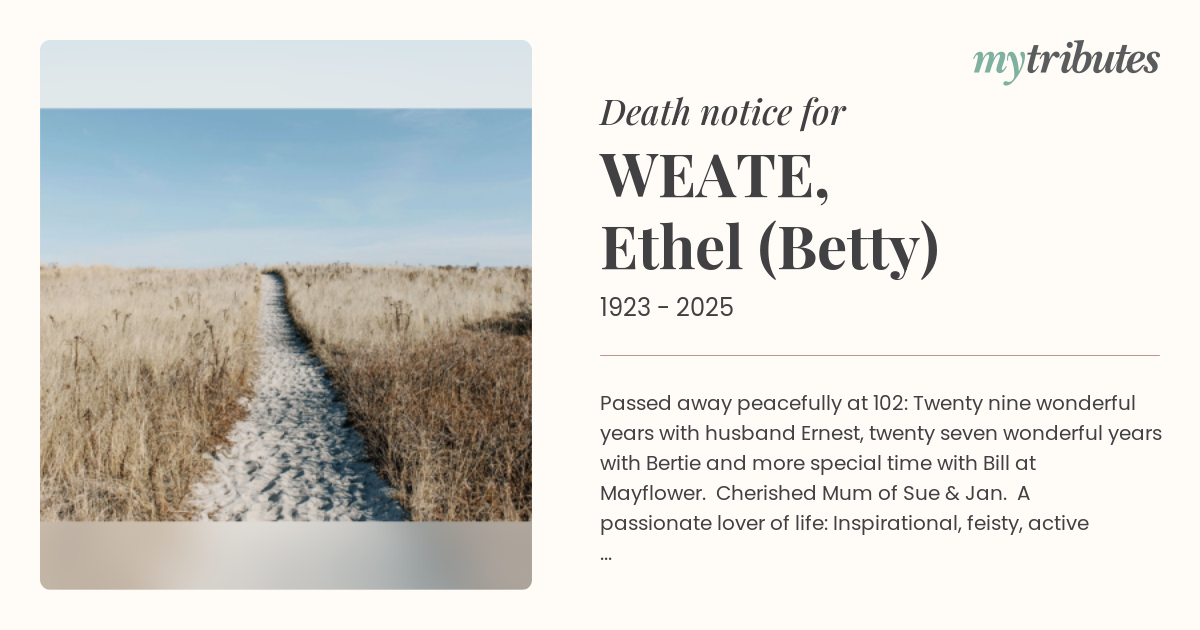 WEATE, Ethel (Betty) | Death Notices | Melbourne | My Tributes