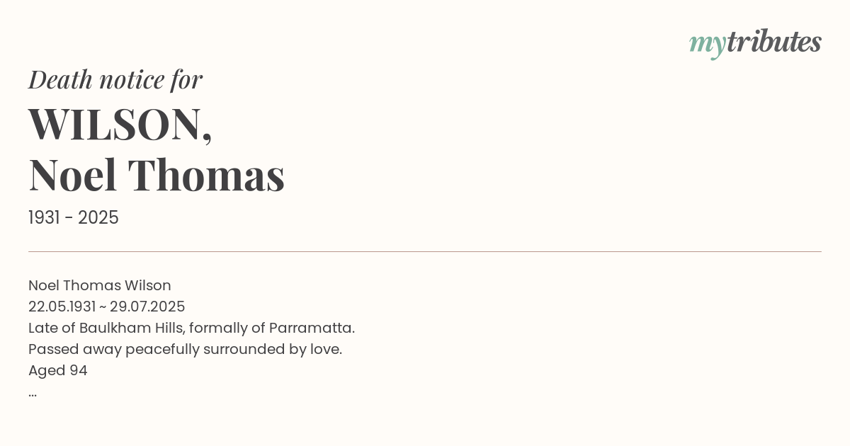 WILSON, Noel Thomas | Death Notices | Sydney | The Mercury