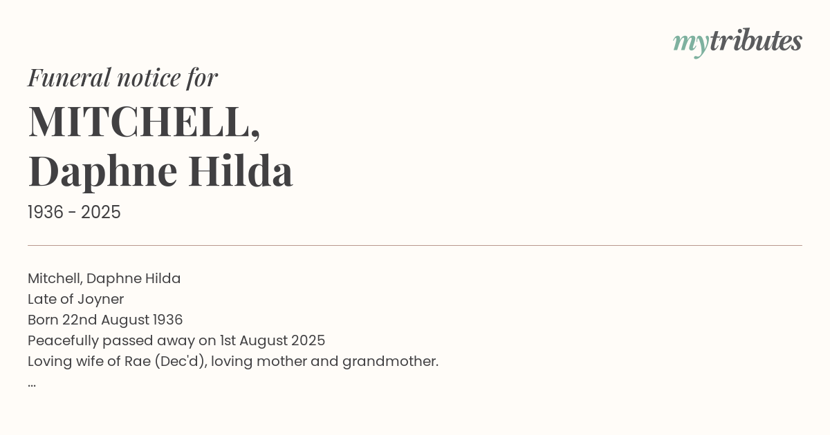 MITCHELL, Daphne Hilda | Funeral Notices | Brisbane | My Tributes