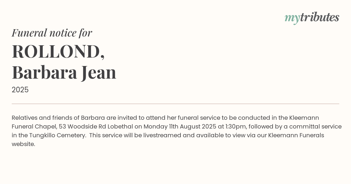 ROLLOND, Barbara Jean | Funeral Notices | Adelaide | The Advertiser