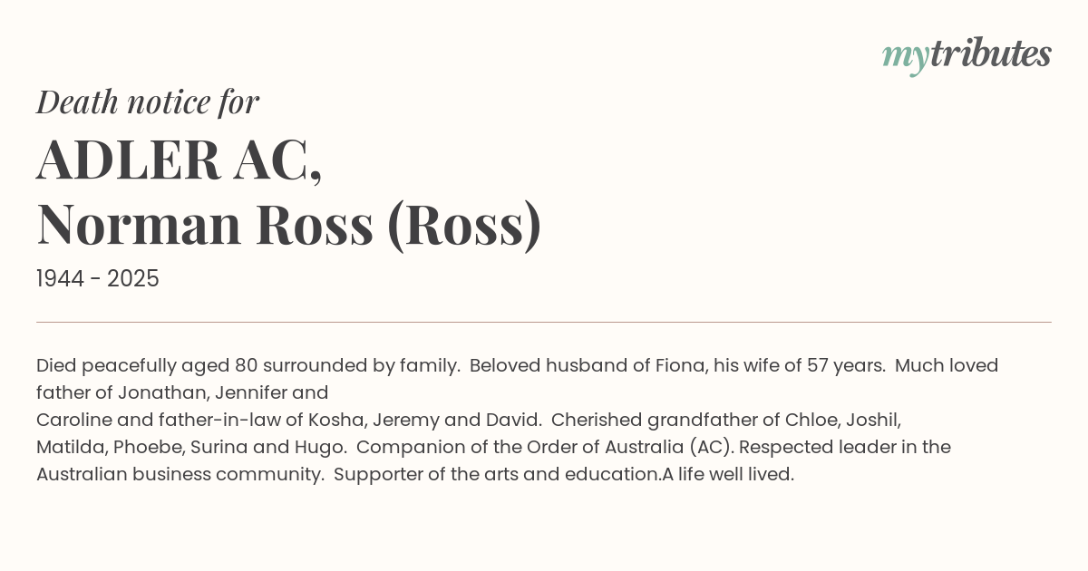 ADLER AC, Norman Ross (Ross) | Death Notices | Adelaide | The Advertiser