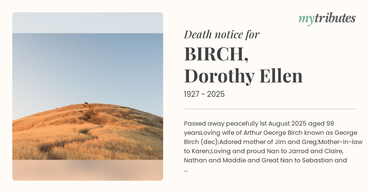 BIRCH, Dorothy Ellen | Death Notices | Melbourne | My Tributes