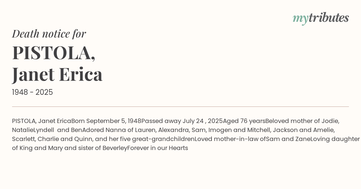 PISTOLA, Janet Erica | Death Notices | Adelaide | My Tributes