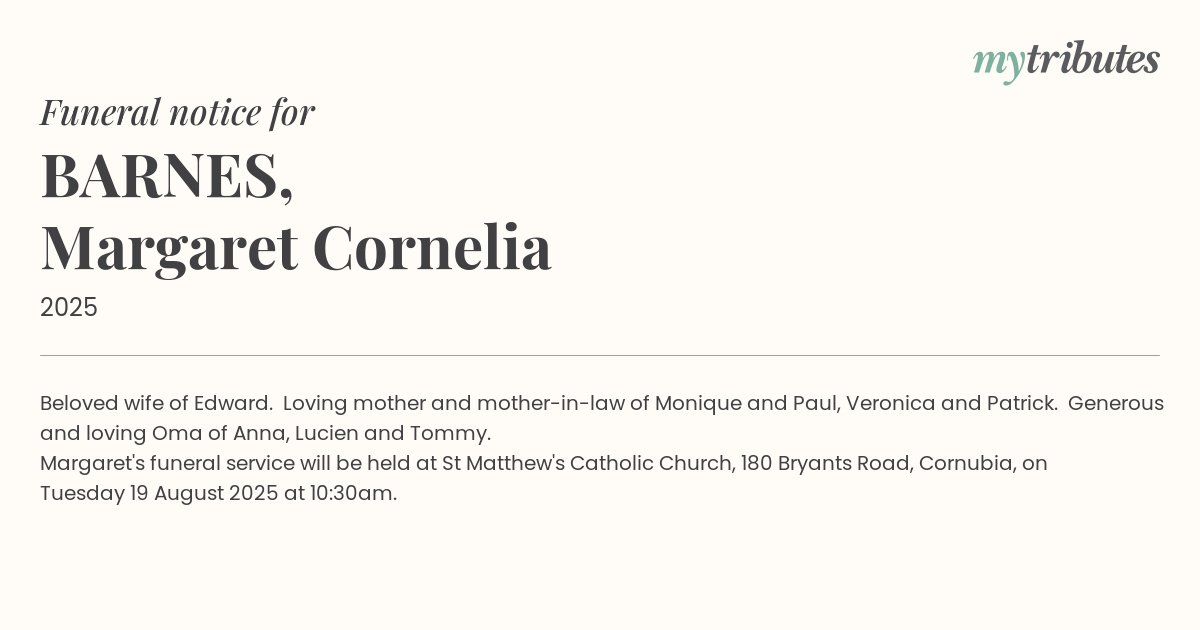 BARNES, Margaret Cornelia | Funeral Notices | Brisbane | My Tributes