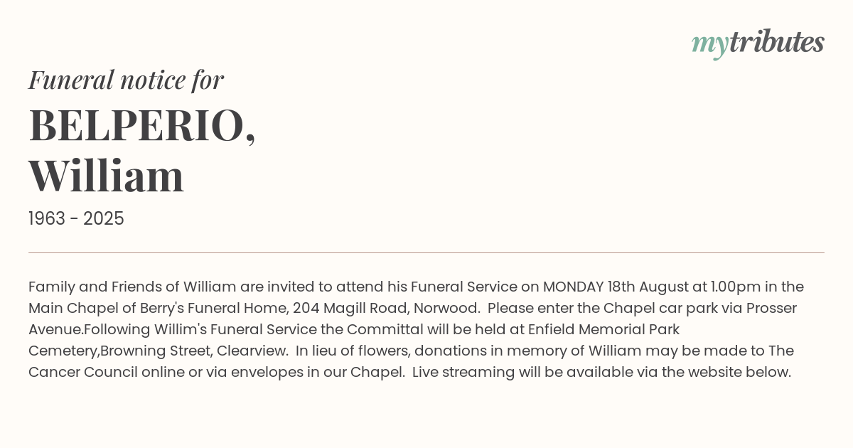 BELPERIO, William | Funeral Notices | Adelaide | My Tributes