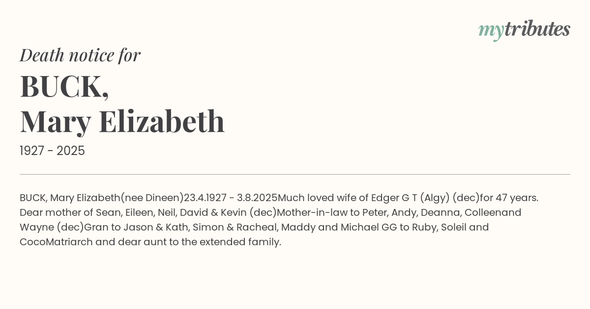 BUCK, Mary Elizabeth | Death Notices | Melbourne | My Tributes