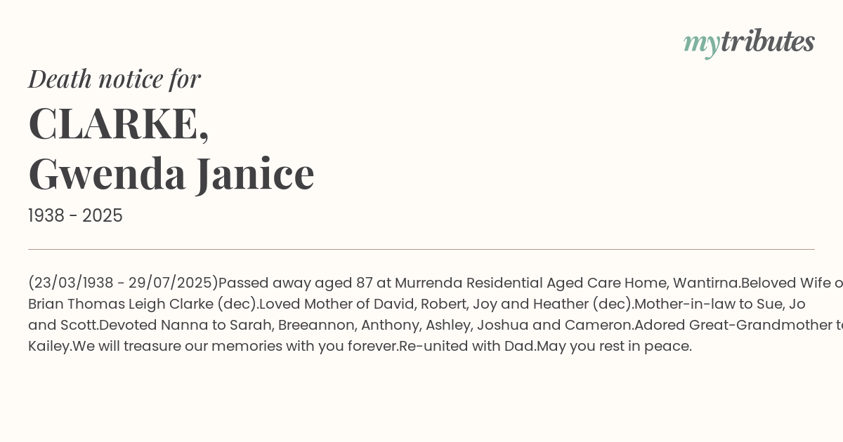 CLARKE, Gwenda Janice | Death Notices | Melbourne | The Advertiser