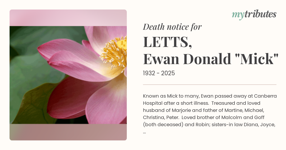 LETTS, Ewan Donald "Mick" | Death Notices | Melbourne | My Tributes