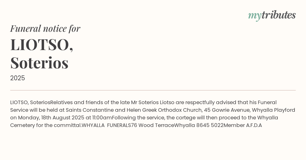 LIOTSO, Soterios | Funeral Notices | Adelaide | My Tributes
