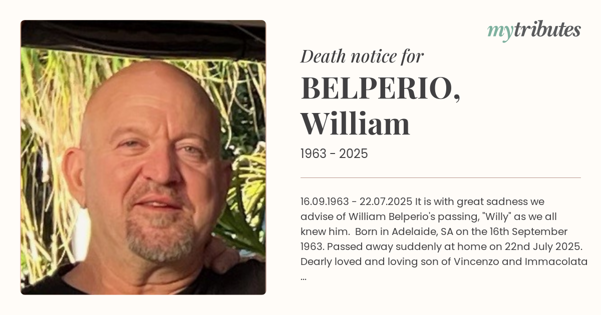 BELPERIO, William | Death Notices | Adelaide | My Tributes