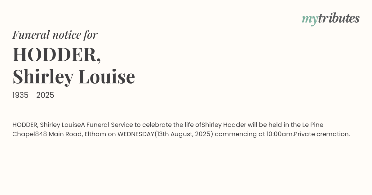 HODDER, Shirley Louise | Funeral Notices | Melbourne | My Tributes