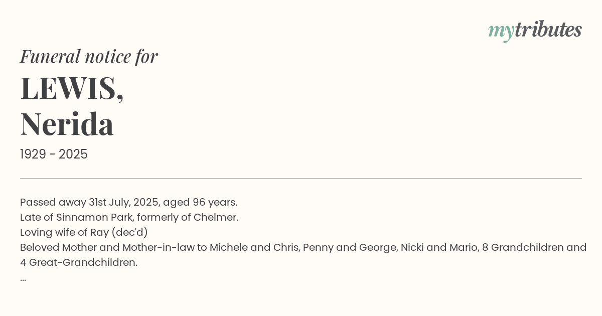 LEWIS, Nerida | Funeral Notices | Brisbane | My Tributes