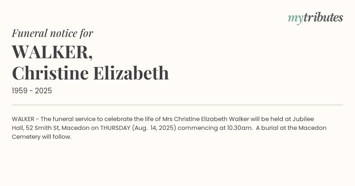 WALKER, Christine Elizabeth | Funeral Notices | Melbourne | Herald Sun